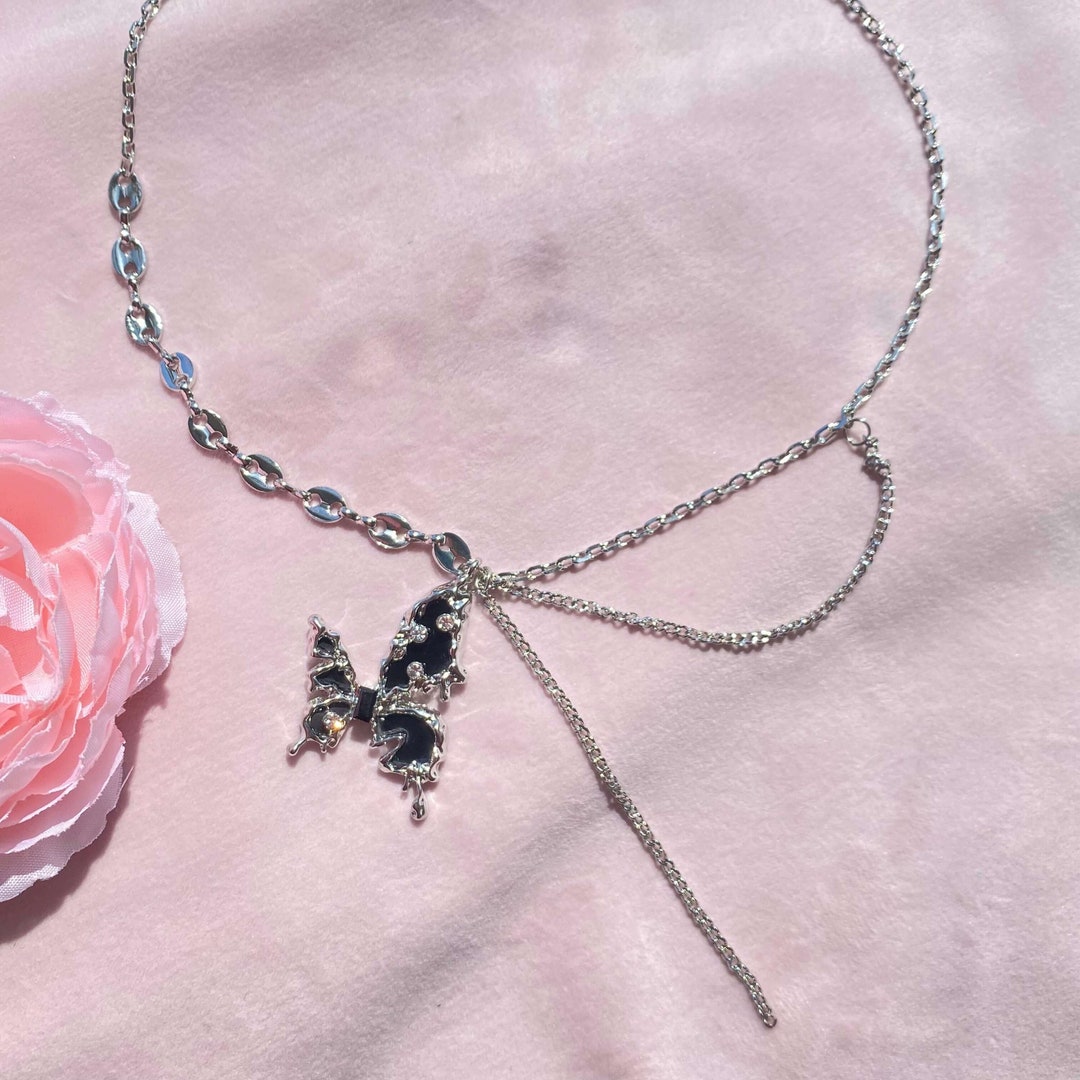 Y2K Black Butterfly Layered Chain Necklace,black Butterfly Pendant ...