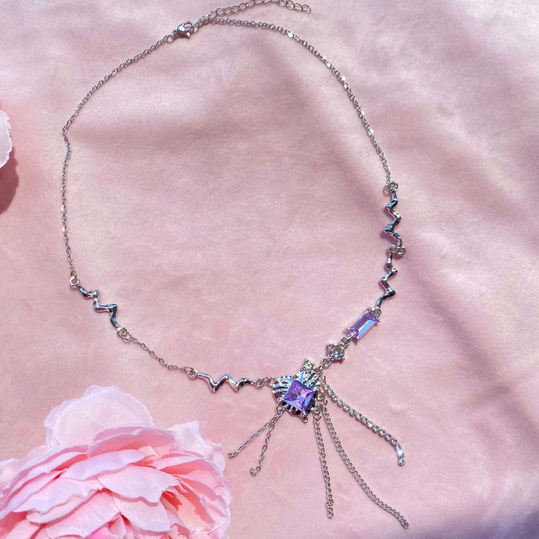 Y2K Purple Diamond Heart Shape Chain Tassel Necklace,purple Gemstone ...