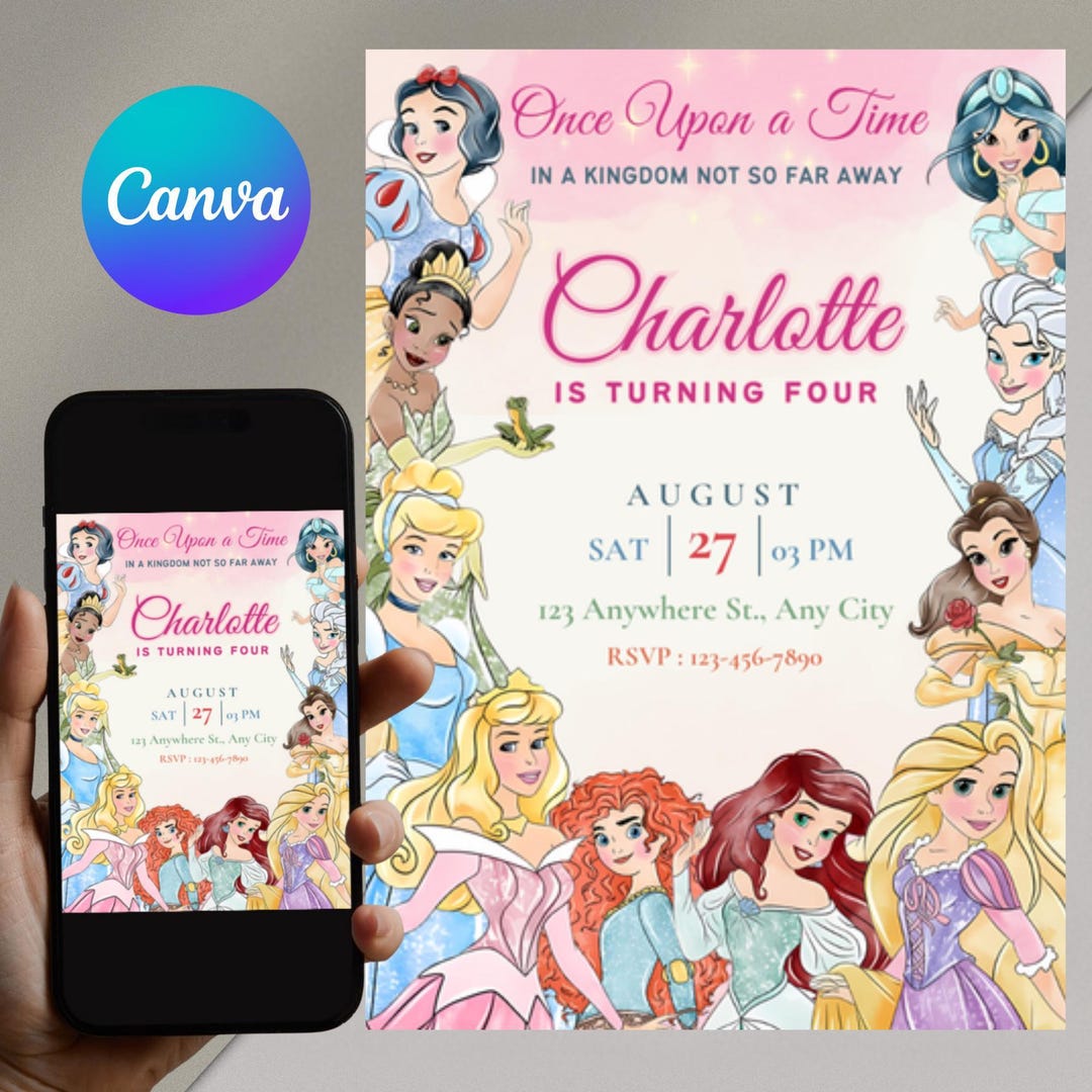 Princess Birthday Invitation, Princesses Theme Party, Theme Invite ...