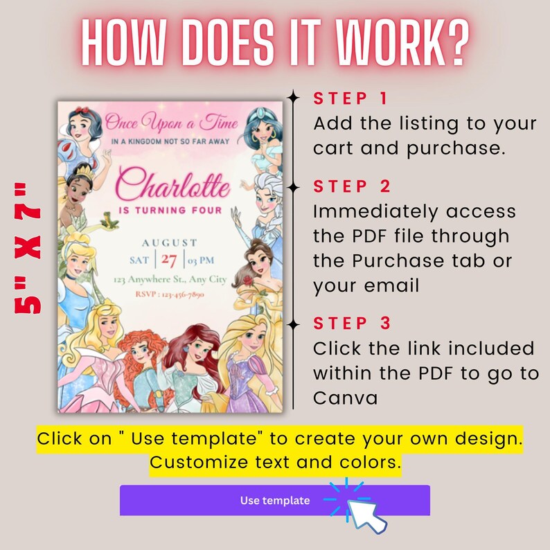 Princess Birthday Invitation, Princesses Theme Party, Theme Invite ...