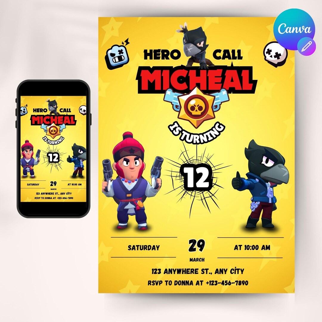 Brawl Stars Party Invitation, Brawl Stars Birthday, Canva Brawl Stars ...