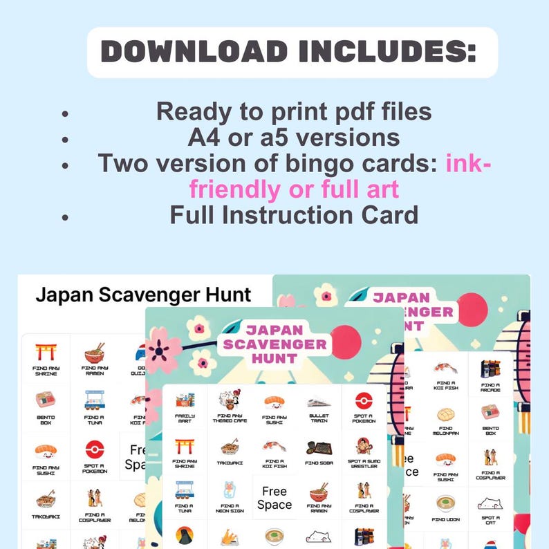 Japan Scavenger Hunt Bingo: Travel Game for Kids & Adults (printable ...