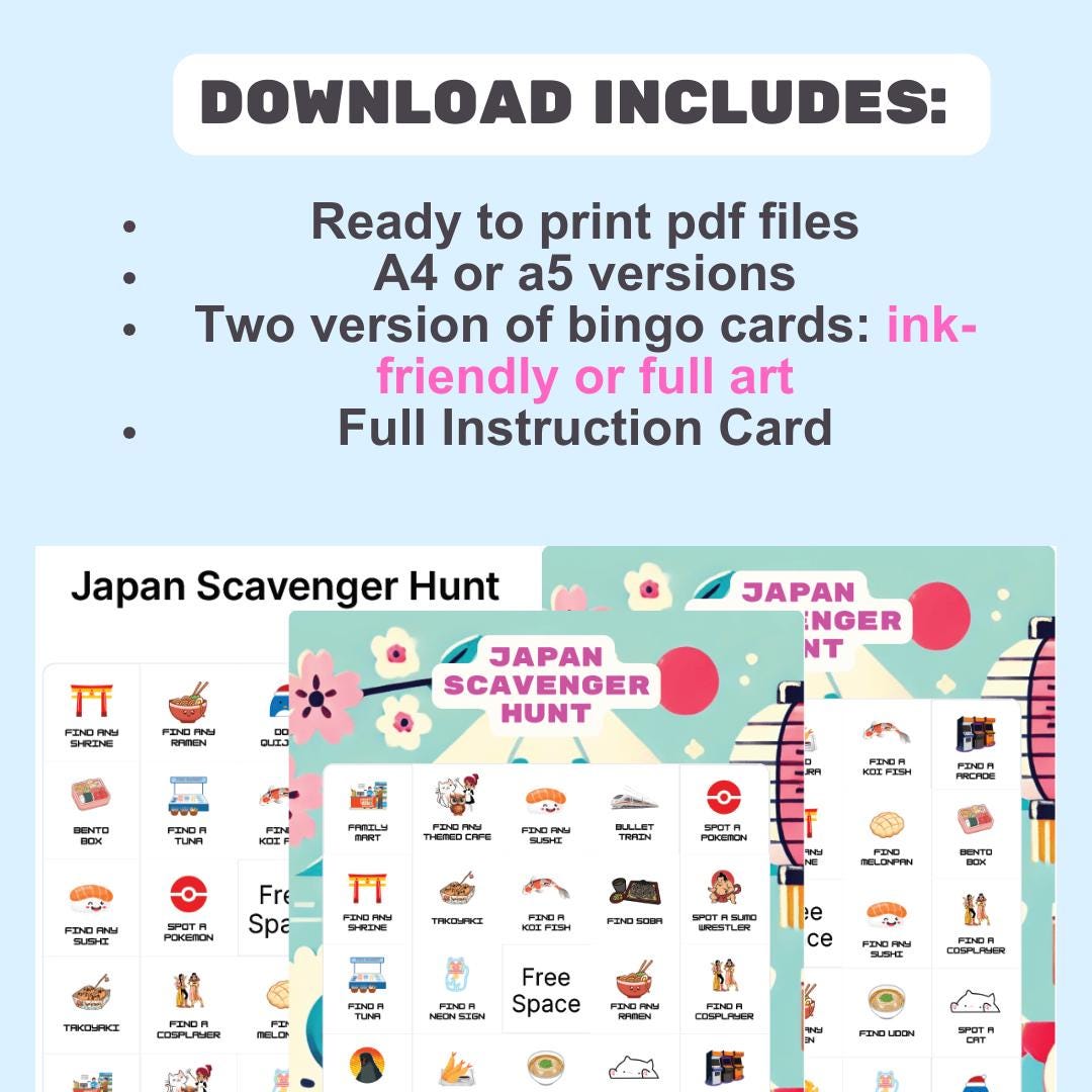 Japan Scavenger Hunt Bingo: Travel Game for Kids & Adults (printable ...