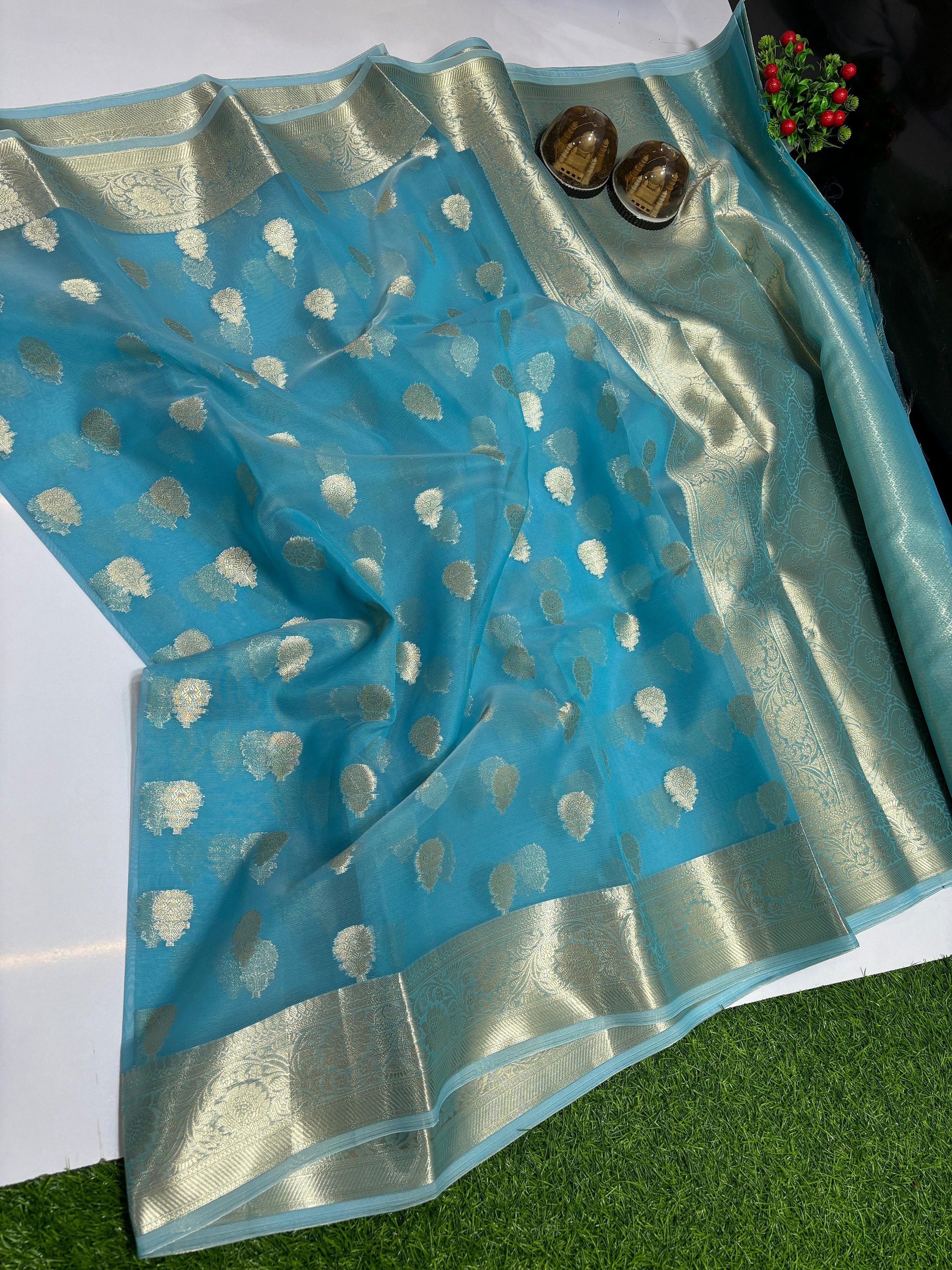 Banarasi Semi Kora Organza Soft Silk Saree With Zari Buta Weaving, Gift ...