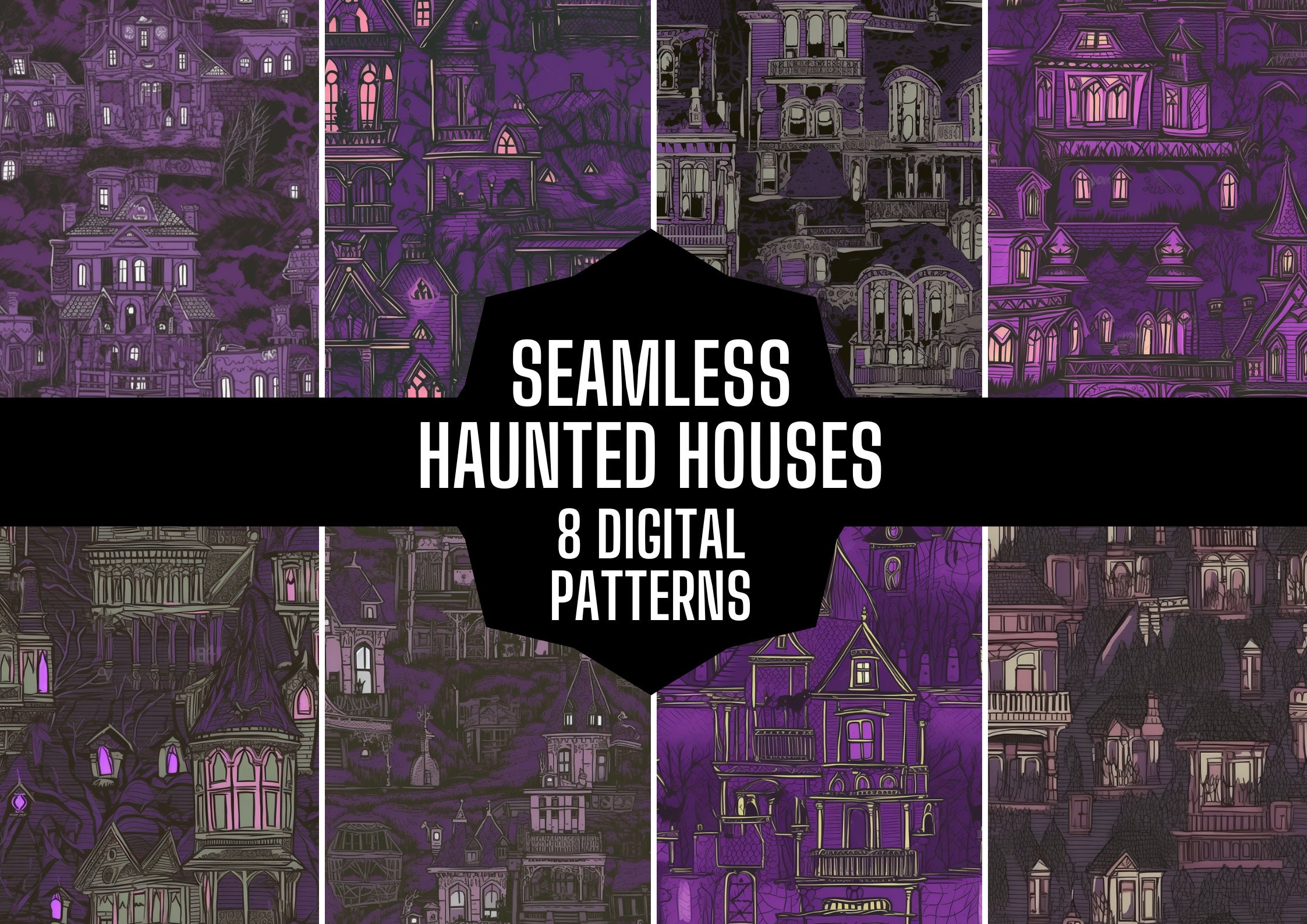 Purple Victorian Haunted Houses Seamless Pattern, Digital Paper ...