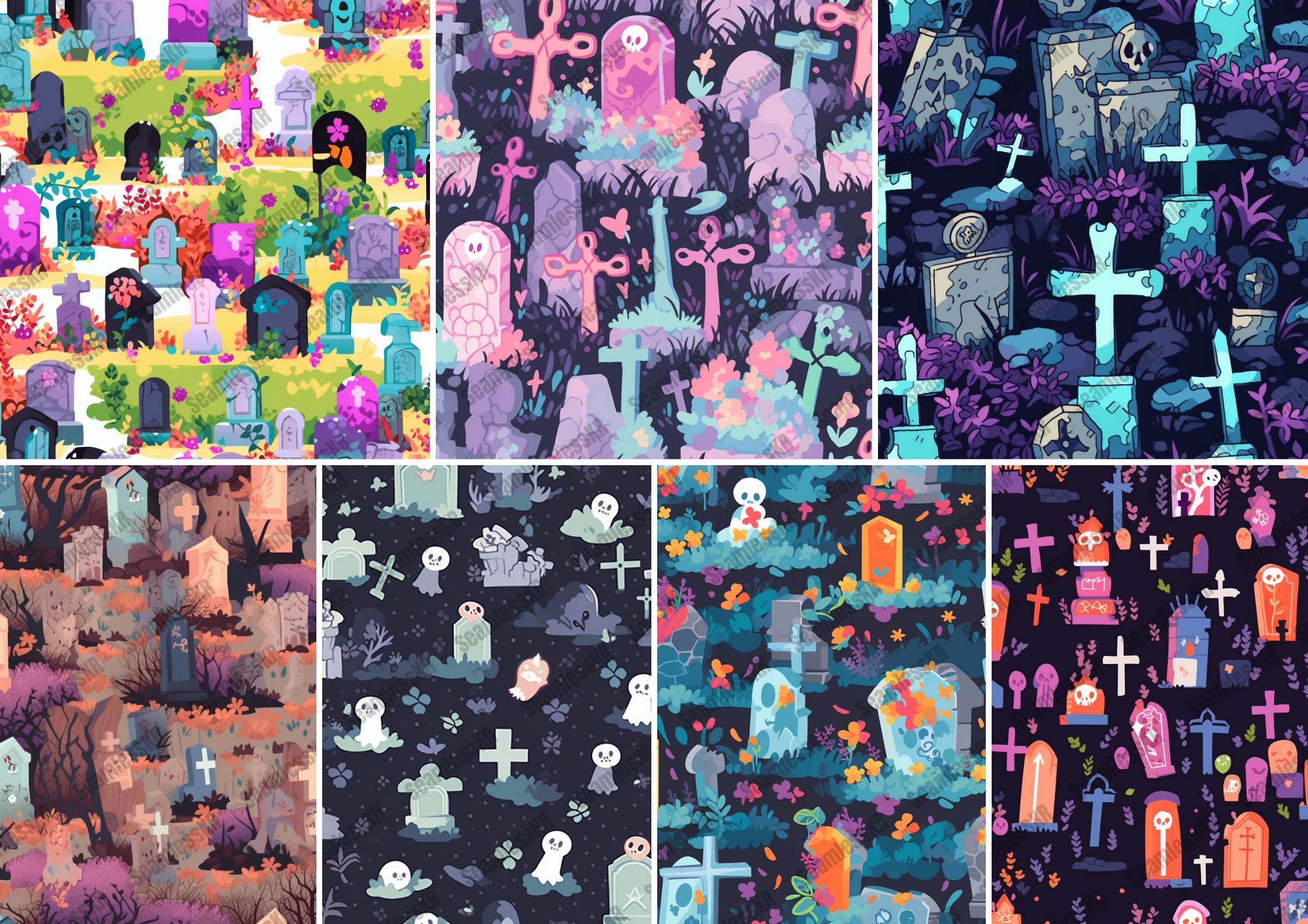 Colorful Graveyard Seamless Pattern, Digital Paper, Halloween Pattern ...