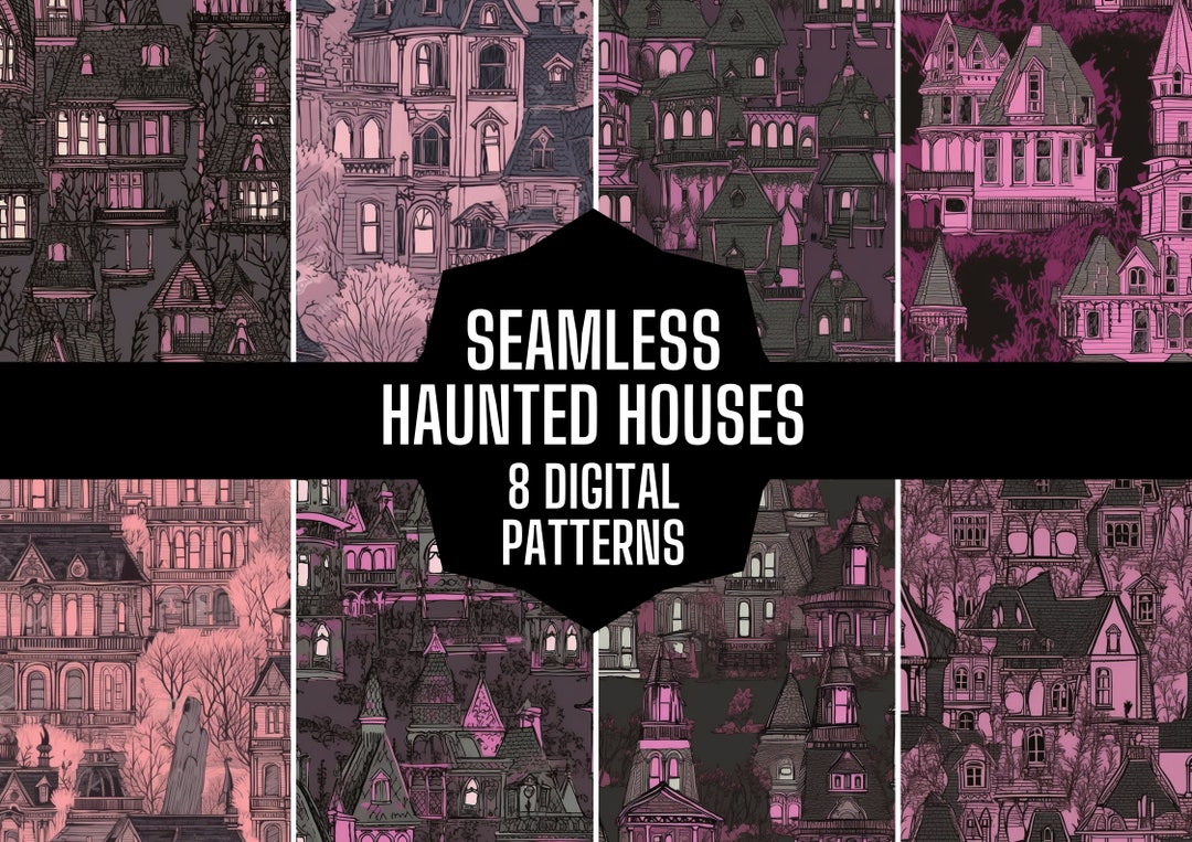 Pink Victorian Haunted Houses Seamless Pattern, Digital Paper ...