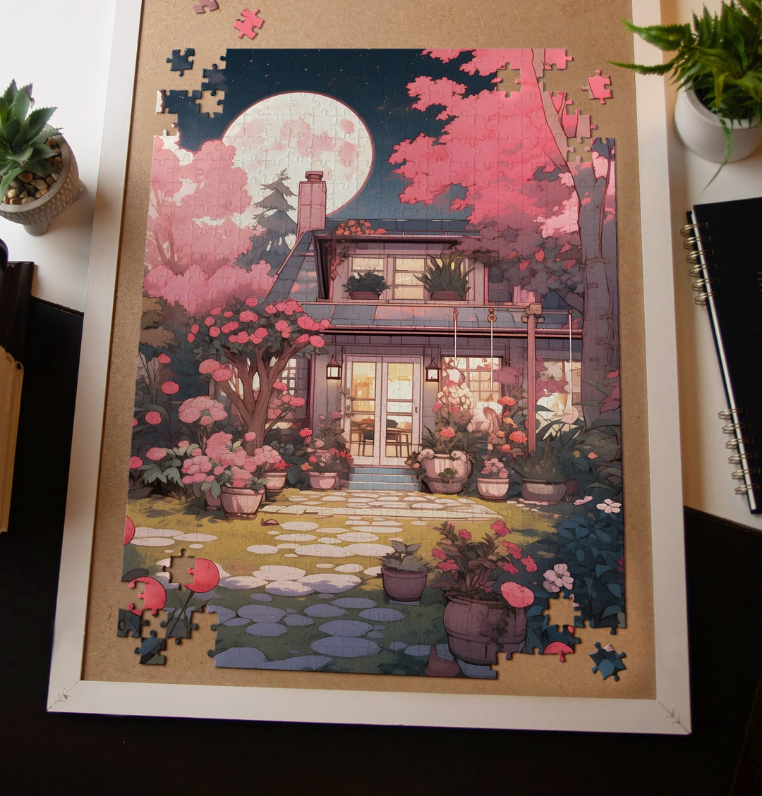 Stylized Jigsaw Puzzle of Charming Home Plant Puzzle With Full Moon Art ...