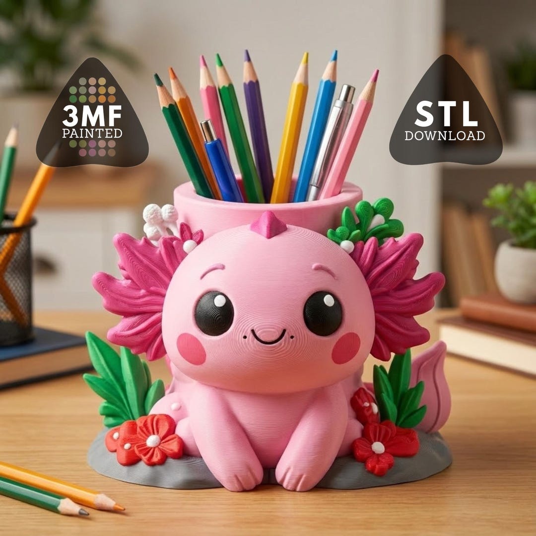 Axolotl Pen Holder STL – 3D Printed Kawaii Desk Organizer (painted 3MF ...