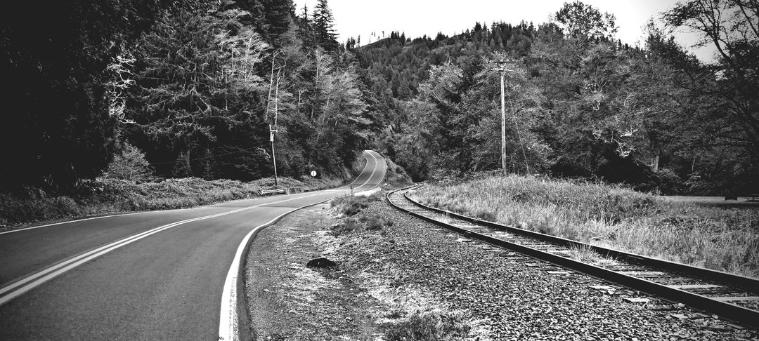 Winding Road and Train Tracks Black and White - Etsy
