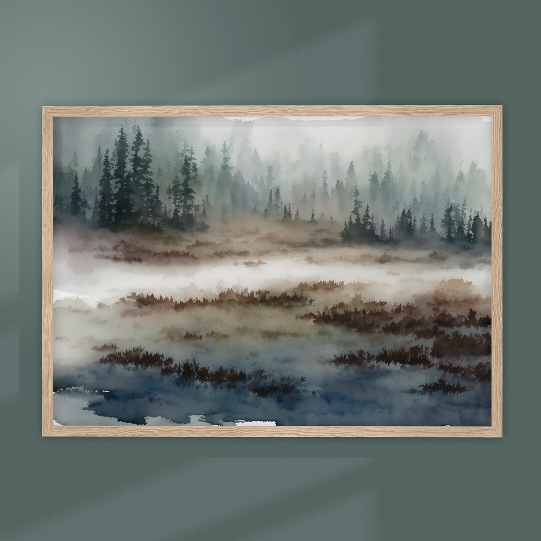 Scandinavian Bog Watercolor, PRINTABLE ART Landscape Mash Forest Fog ...