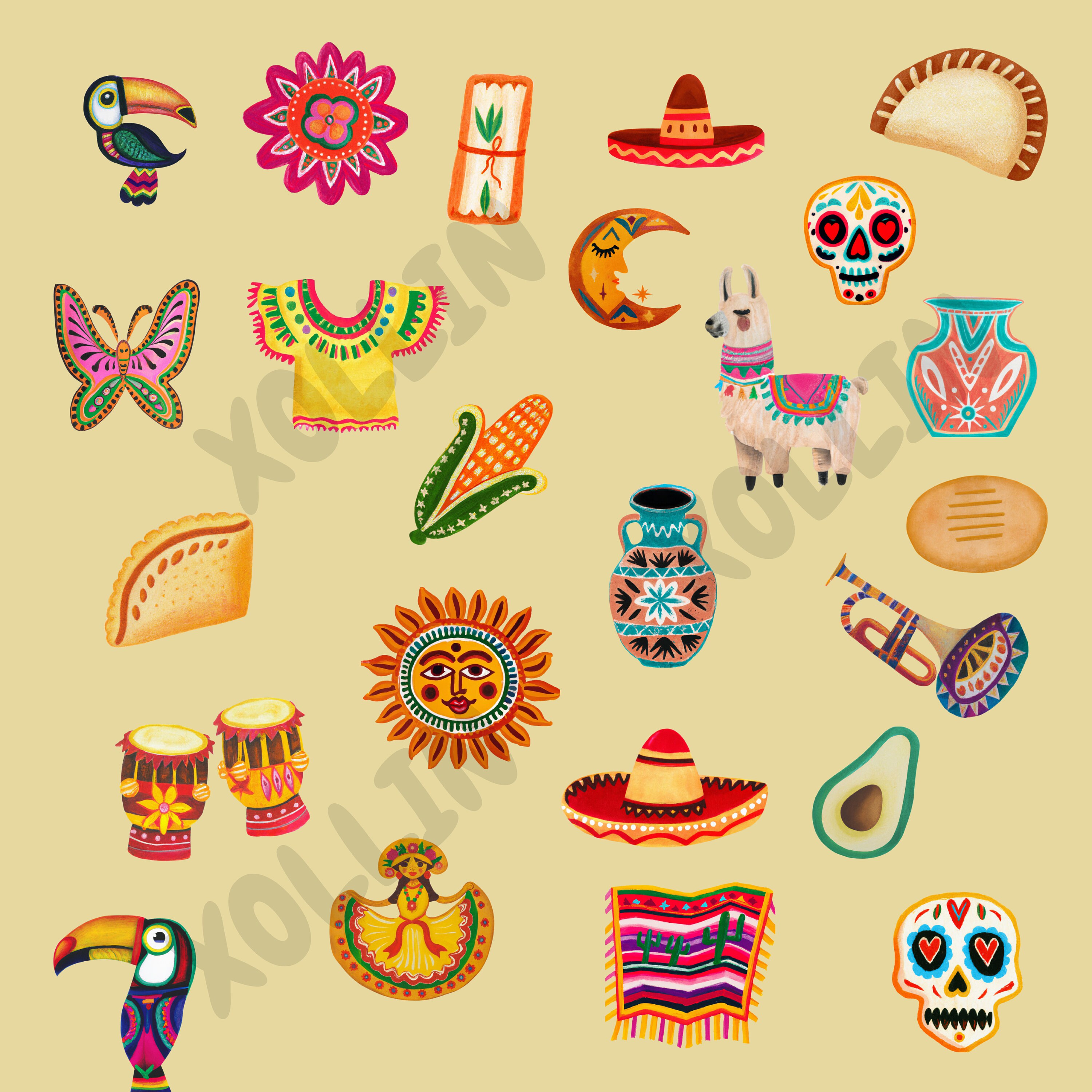 24 PNG Acrylic Style Latin America Inspired Clipart, Digital Download ...