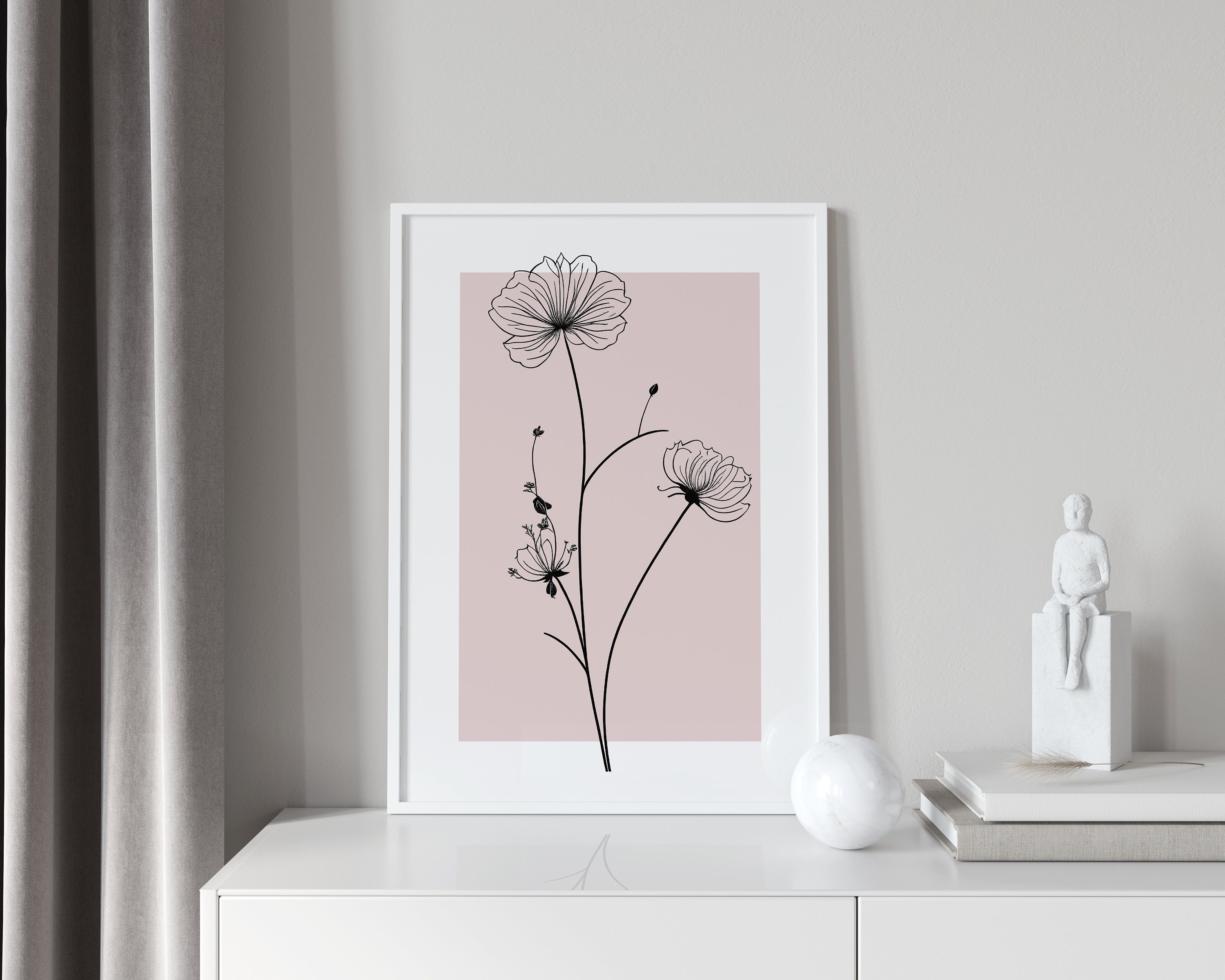 Set of 3 Pink Print Flower Line Art Download Flower Floral Print Pink ...