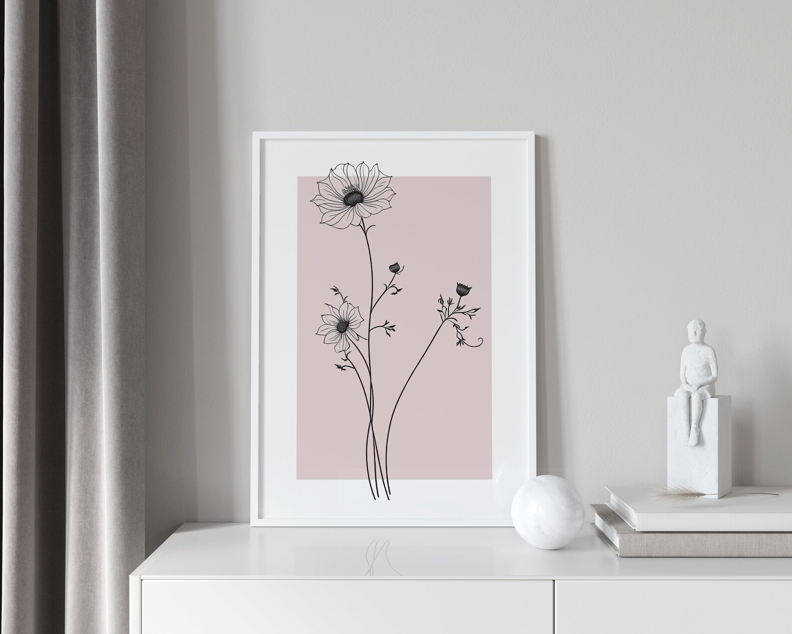 Set of 3 Pink Print Flower Line Art Download Flower Floral Print Pink ...