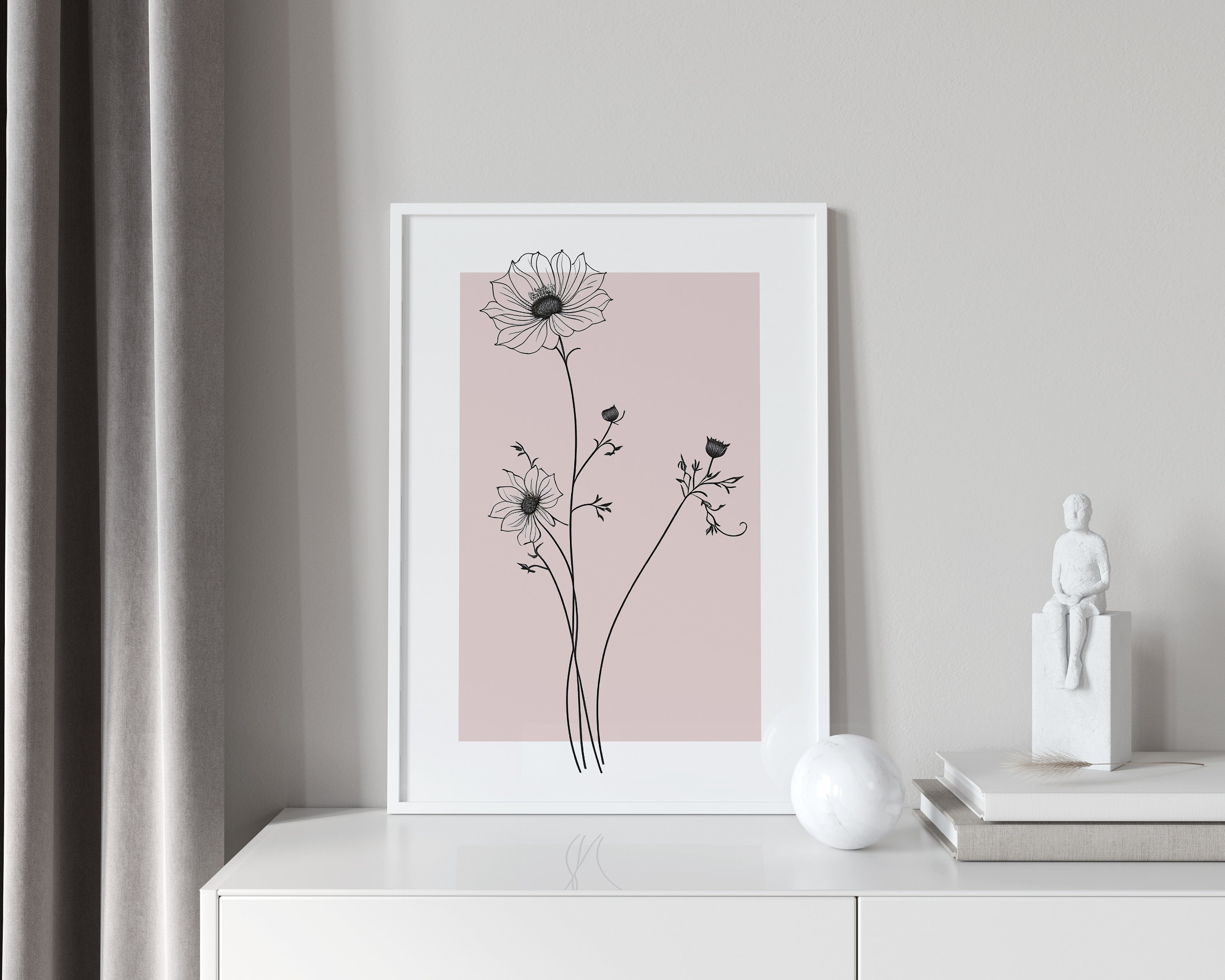 Set of 3 Pink Print Flower Line Art Download Flower Floral Print Pink ...