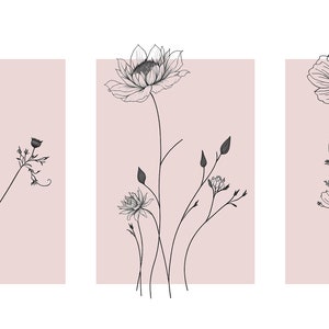 Set of 3 Pink Print Flower Line Art Download Flower Floral Print Pink ...