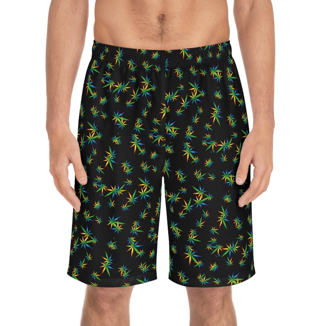 Trippy Weed Print Swim Shorts, Men's Cannabis Board Shorts, Marijuana ...