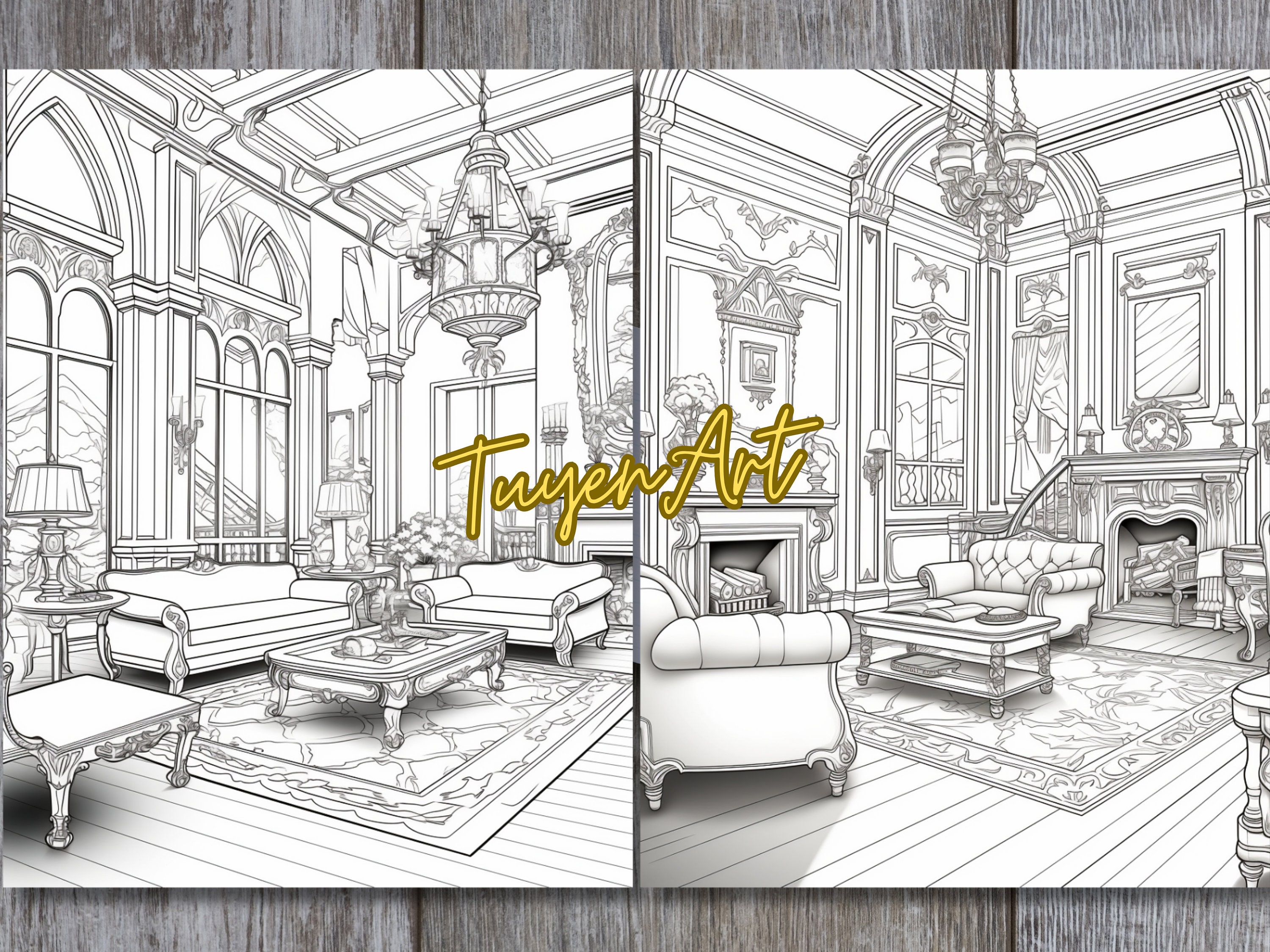 Classic Interior Coloring Book, Architecture Theme, Coloring Pages for ...