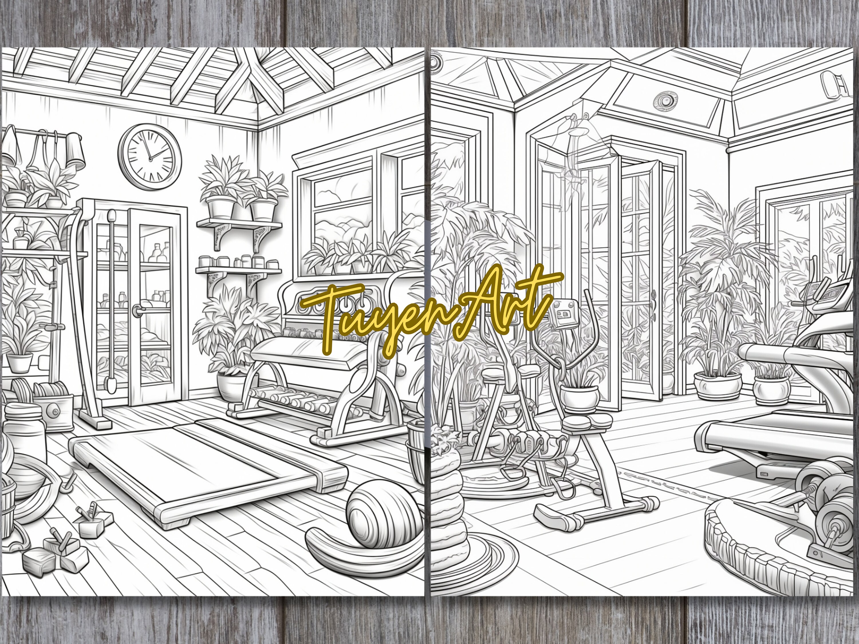 Gym Room Coloring Book, Fitness House Interior Design, File PDF ...