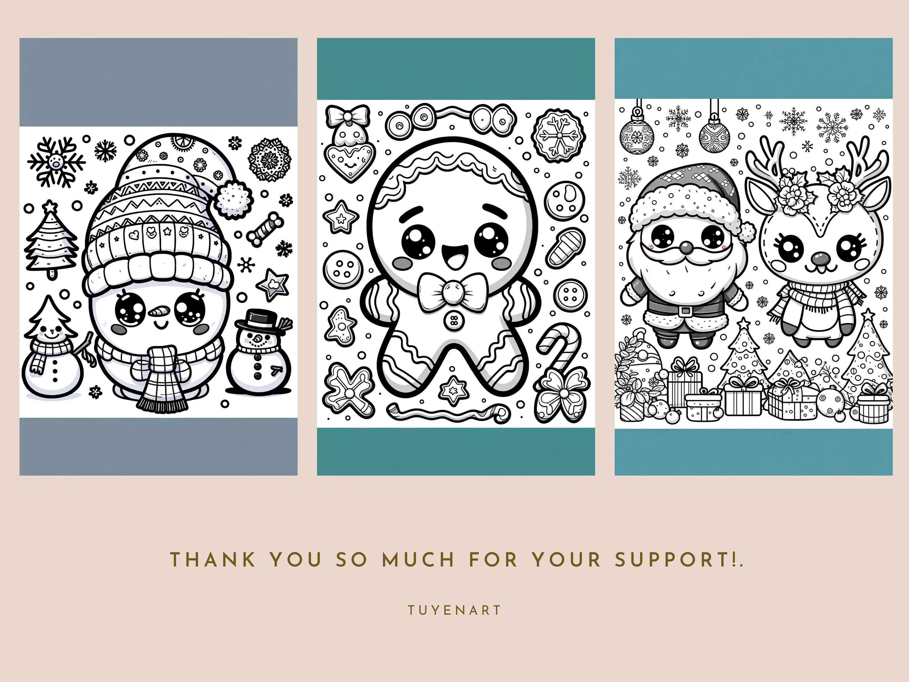 Christmas Kawaii Characters Coloring Book, Xmas Santa Coloring Pages ...