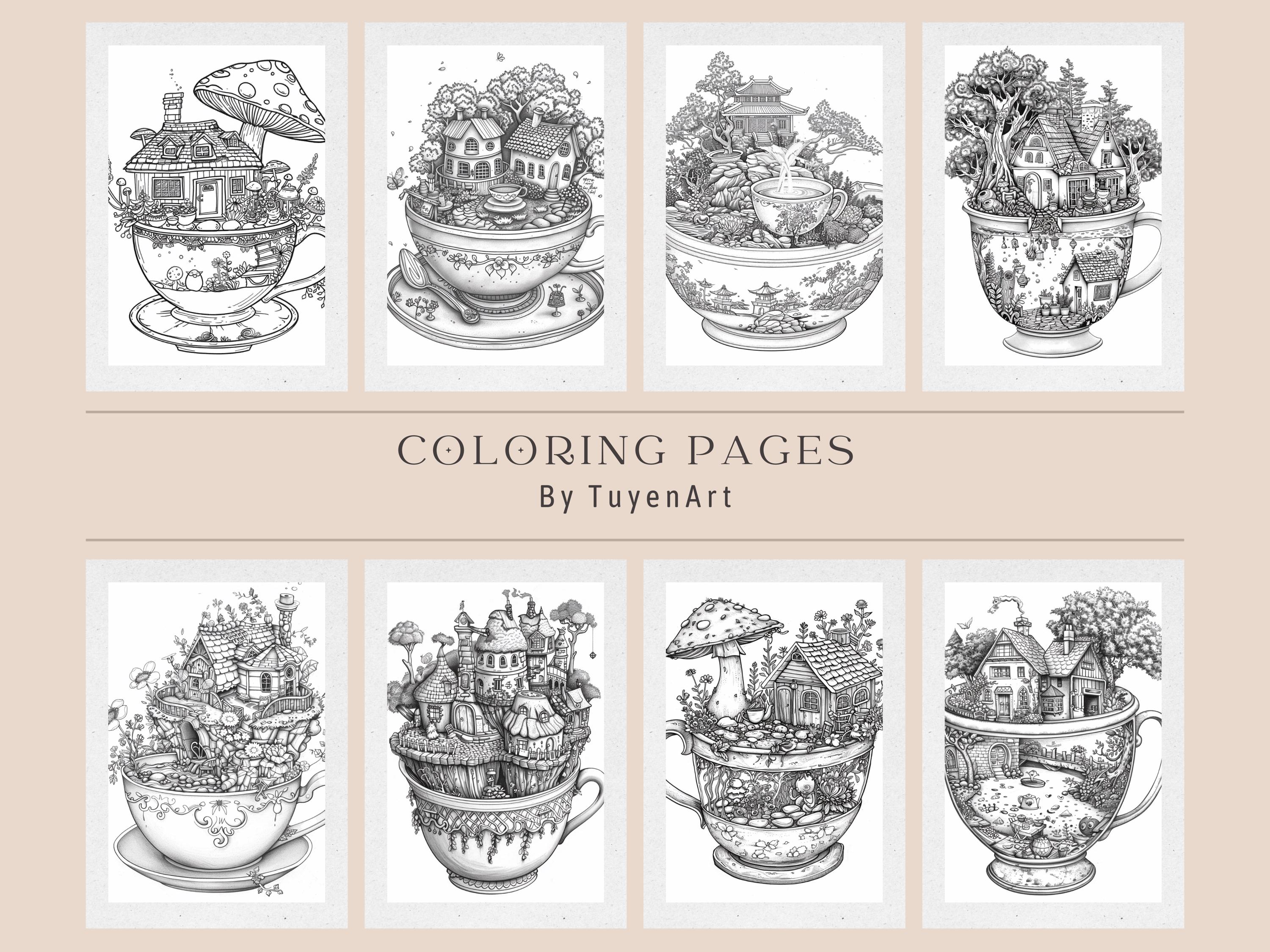 Teacup House Coloring Book, Tea Cup Flowers Fairy Houses Coloring Pages ...