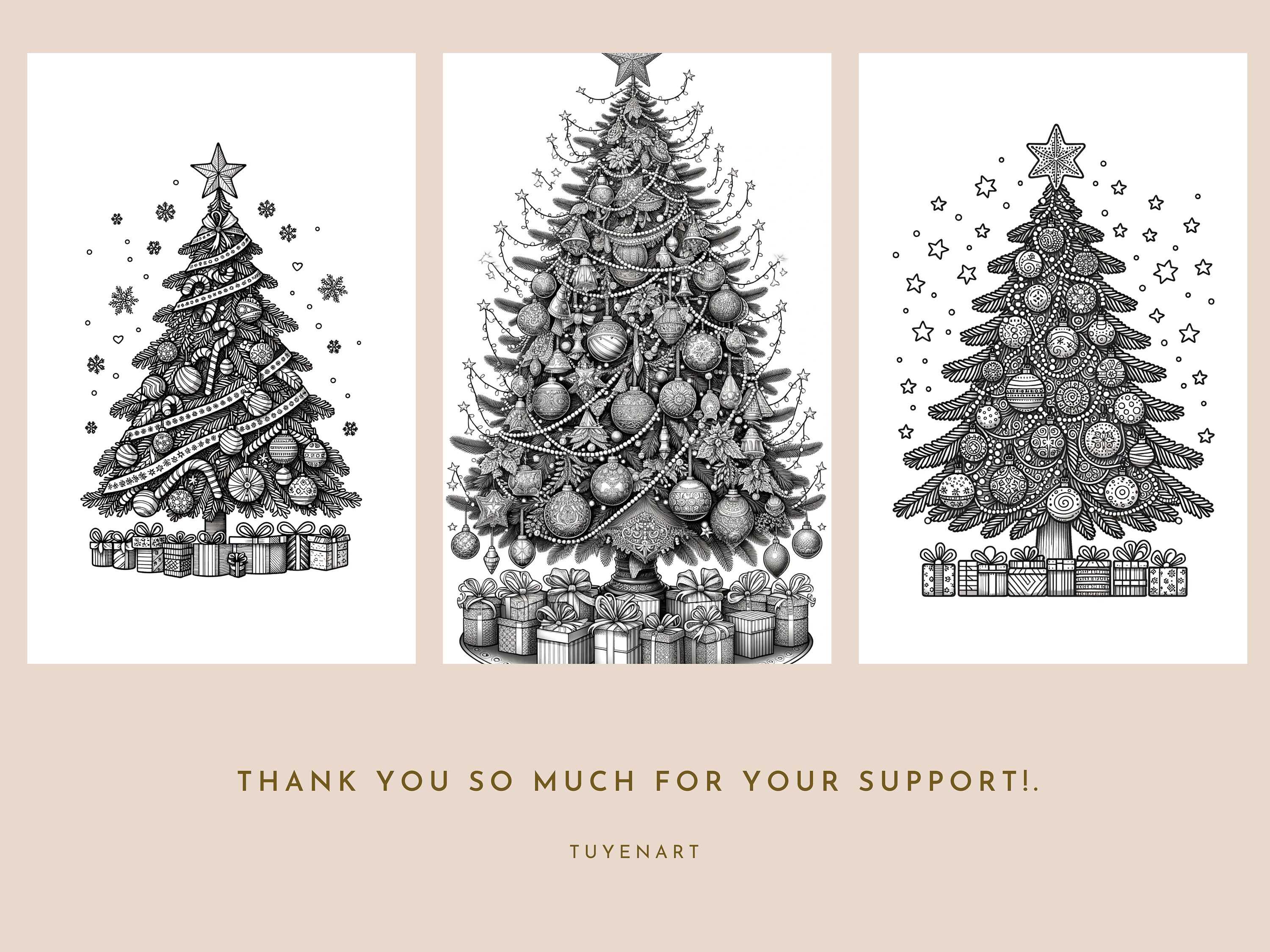 Christmas Tree Coloring Book, Grayscale Christmas Coloring Pages, Xmas ...