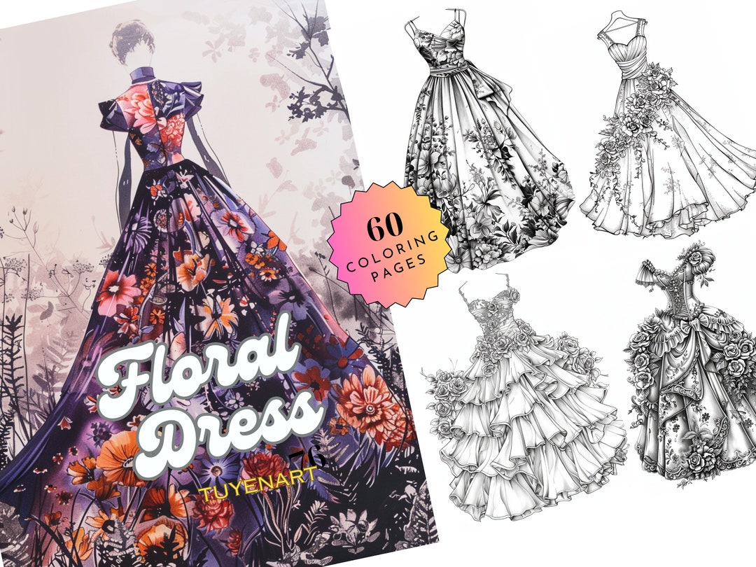 Floral Dress Coloring Book, Fashion Dress Coloring Pages, Flower Dress ...