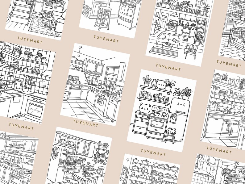 Cozy Kitchen Coloring Book, Interior Design Coloring Pages, Cute ...