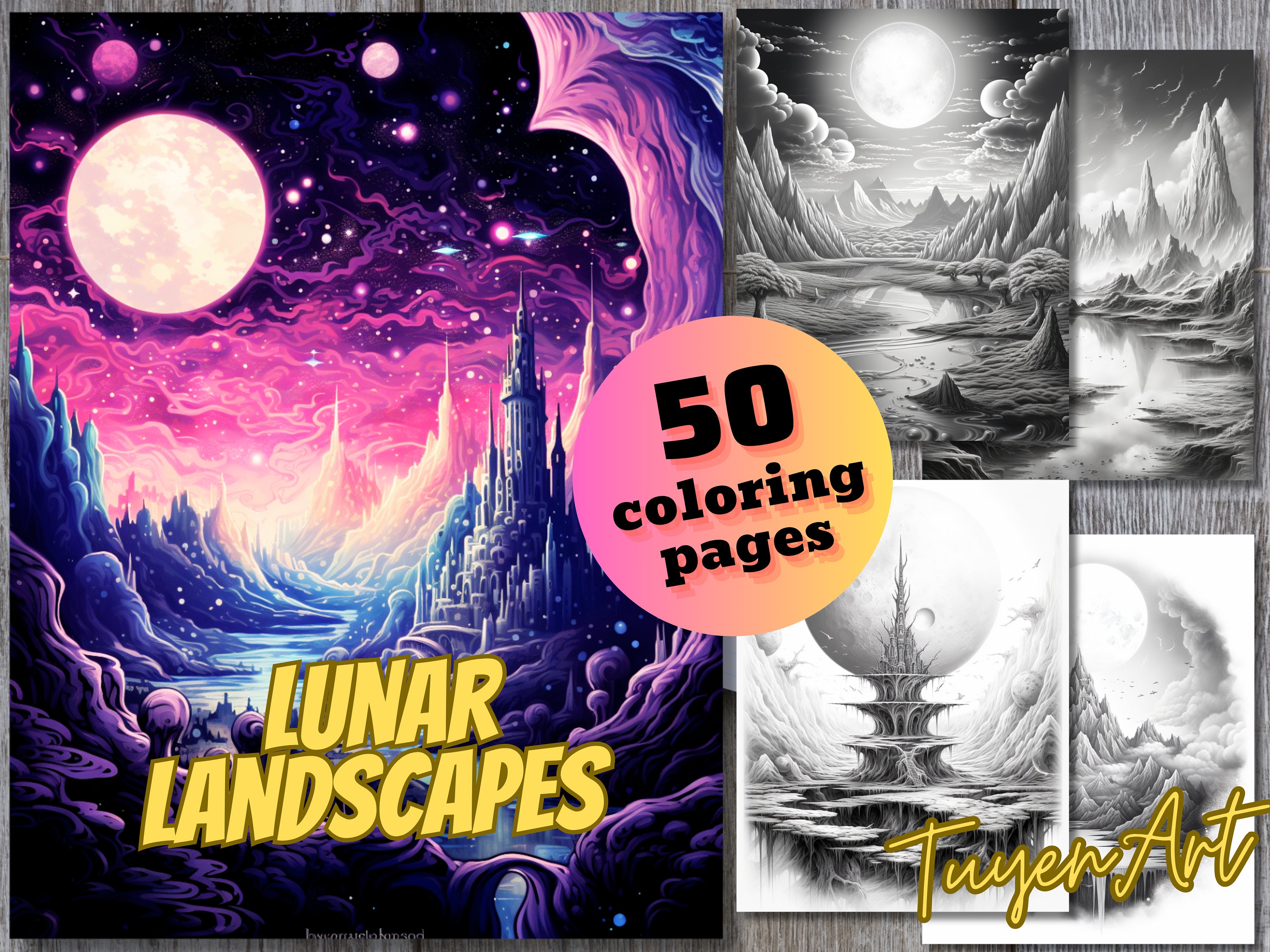 Lunar Landscapes Coloring Book, Grayscale Coloring Pages for Adults ...