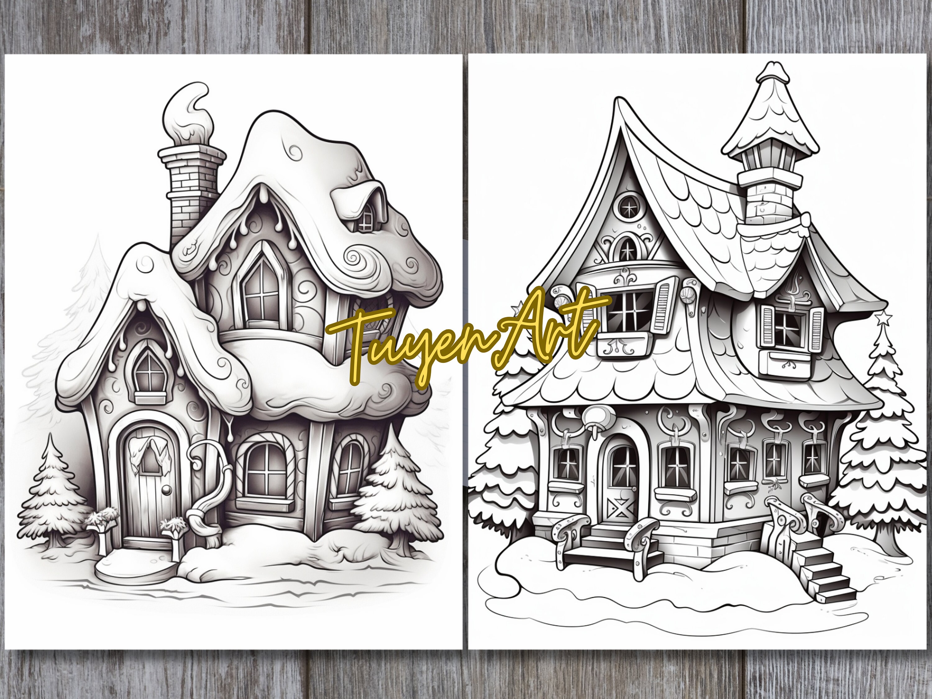 Christmas Houses Coloring Book, Fantasy Xmas Cottage Coloring Pages ...