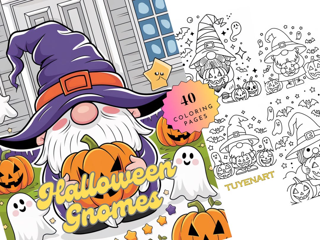 Halloween Gnomes Coloring Book, Cute Gnome Coloring Pages, Halloween ...
