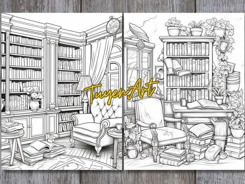 Cozy Library Coloring Pages Library Coloring Book, Interior Room ...