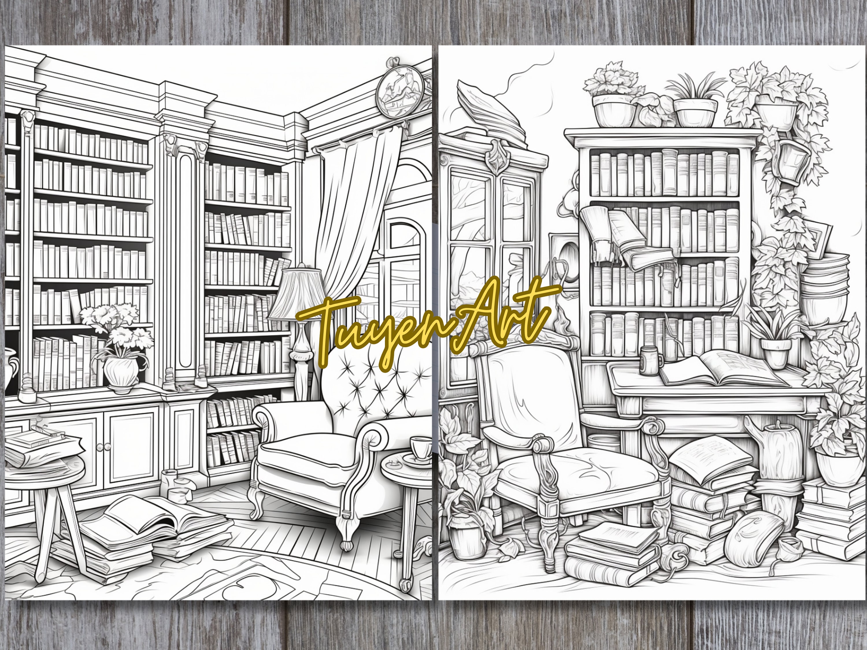 Cozy Library Coloring Pages Library Coloring Book, Interior Room ...