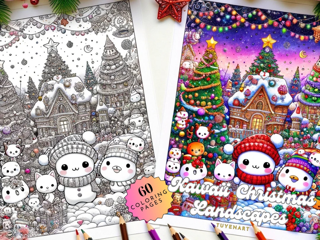 Kawaii Christmas Landscapes Coloring Book, Festive Sweets, Cute Kawaii ...