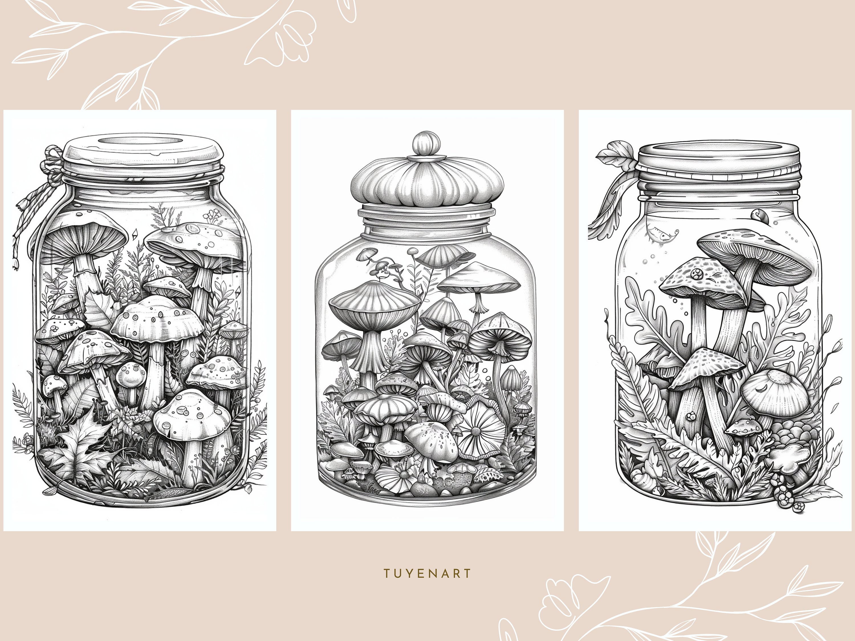 Enchanted Forest Jars Coloring Book, Forest Scenes in Jars Grayscale ...