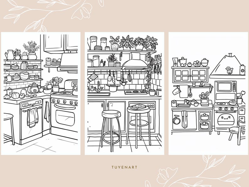 Cozy Kitchen Coloring Book, Interior Design Coloring Pages, Cute ...