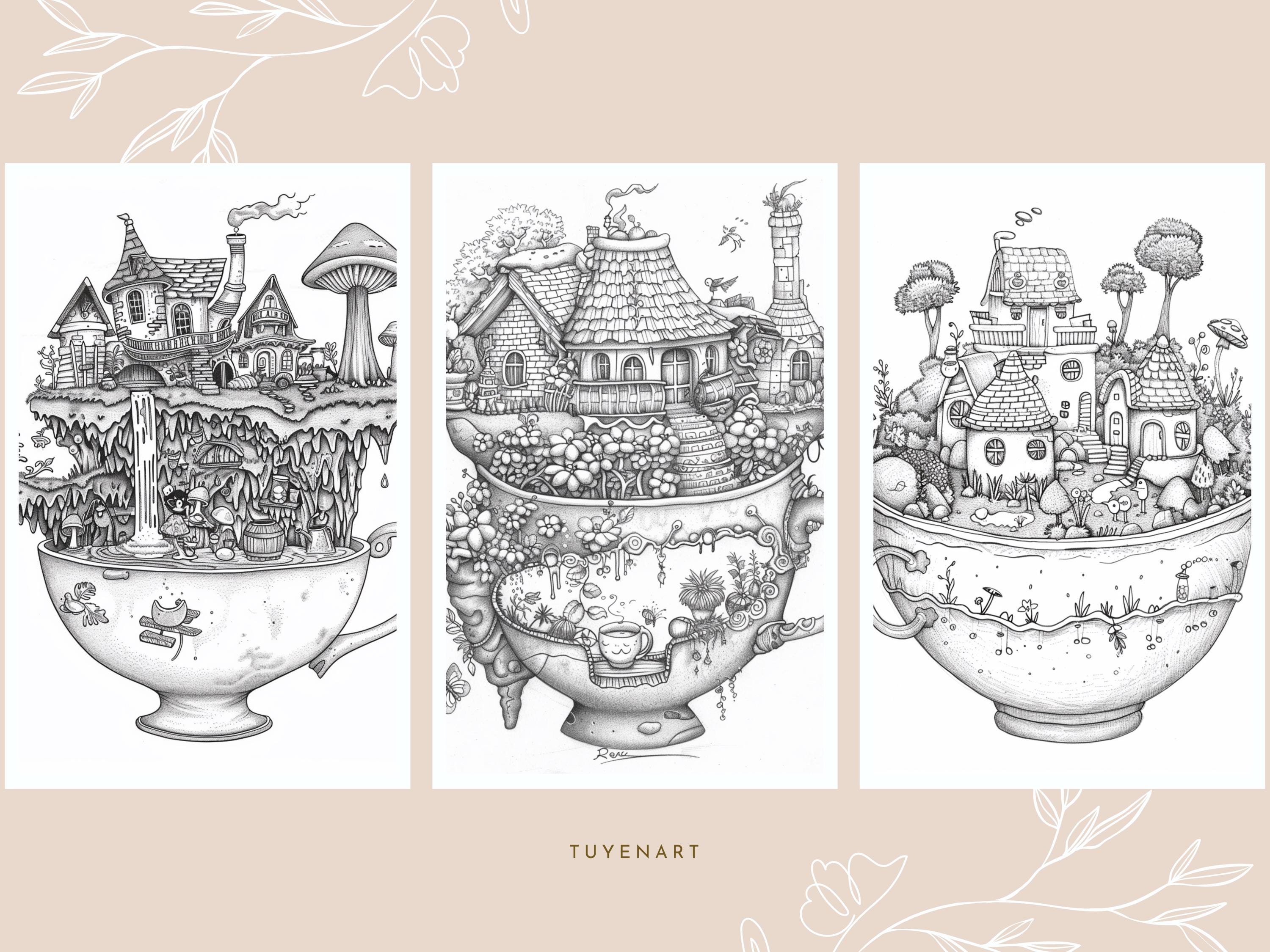 Teacup House Coloring Book, Tea Cup Flowers Fairy Houses Coloring Pages ...