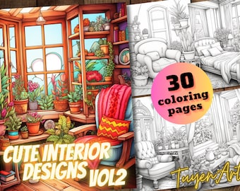 Cute Interior Designs Coloring Book for Adults Boho and Nordic Interior ...