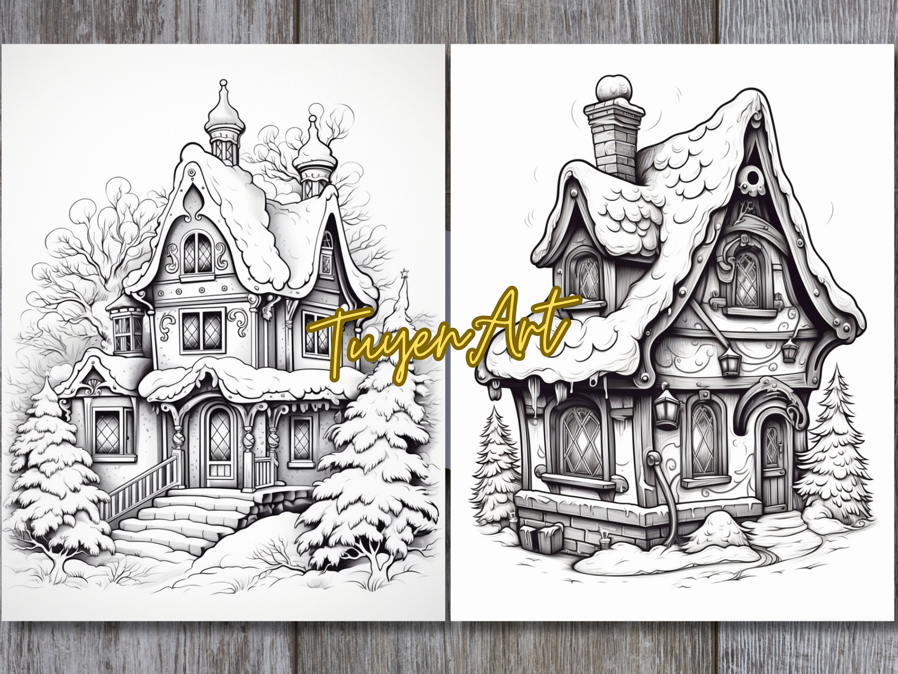 Christmas Houses Coloring Book, Fantasy Xmas Cottage Coloring Pages ...