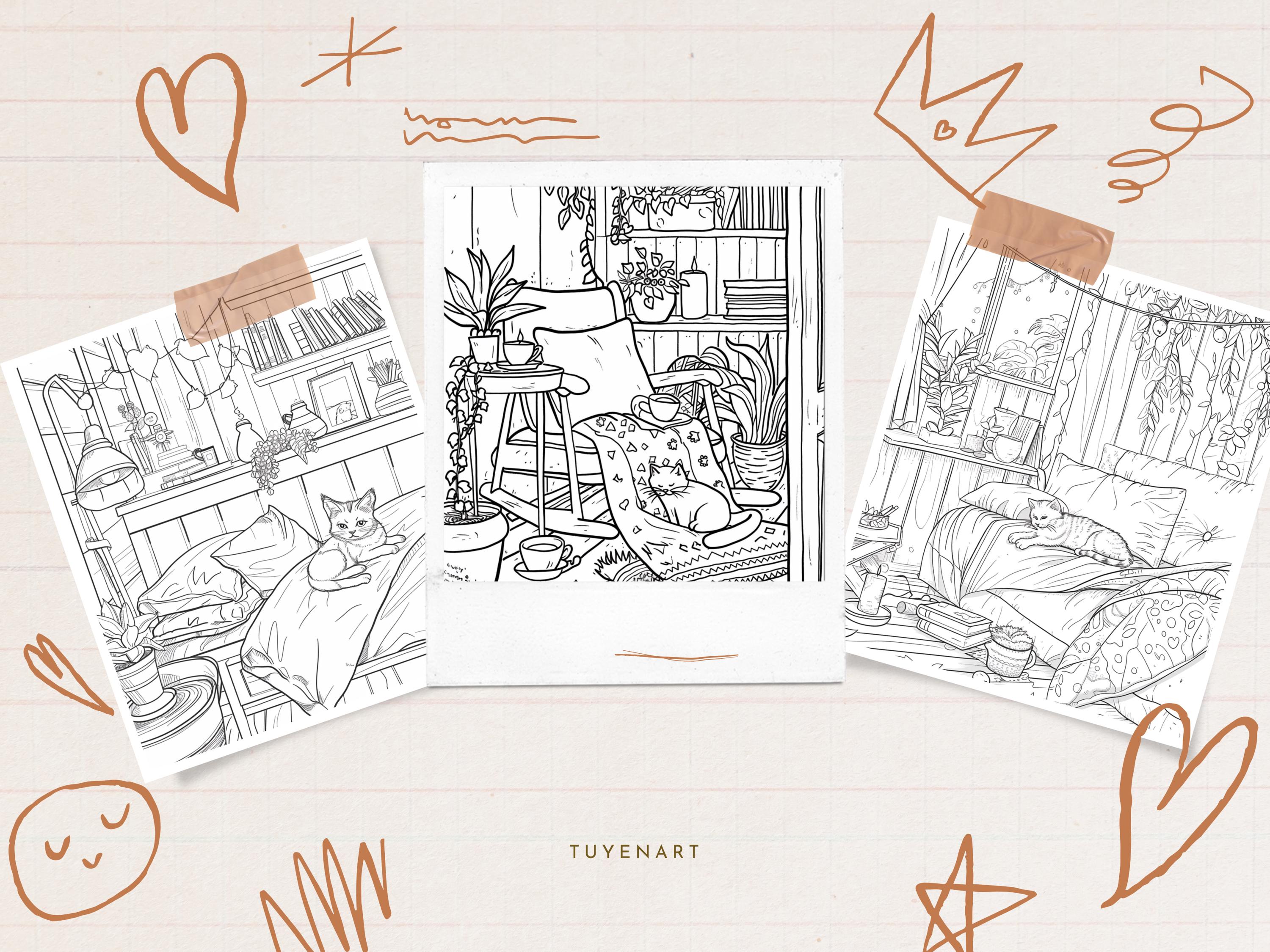 Cozy Space Coloring Book, Boho Room Coloring Page, Cozy Room Coloring ...