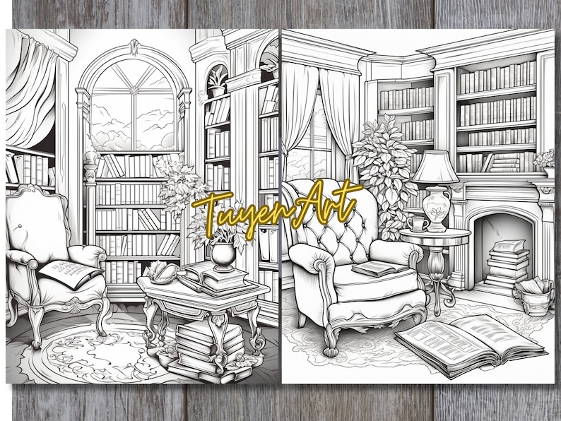 Cozy Library Coloring Pages Library Coloring Book, Interior Room ...