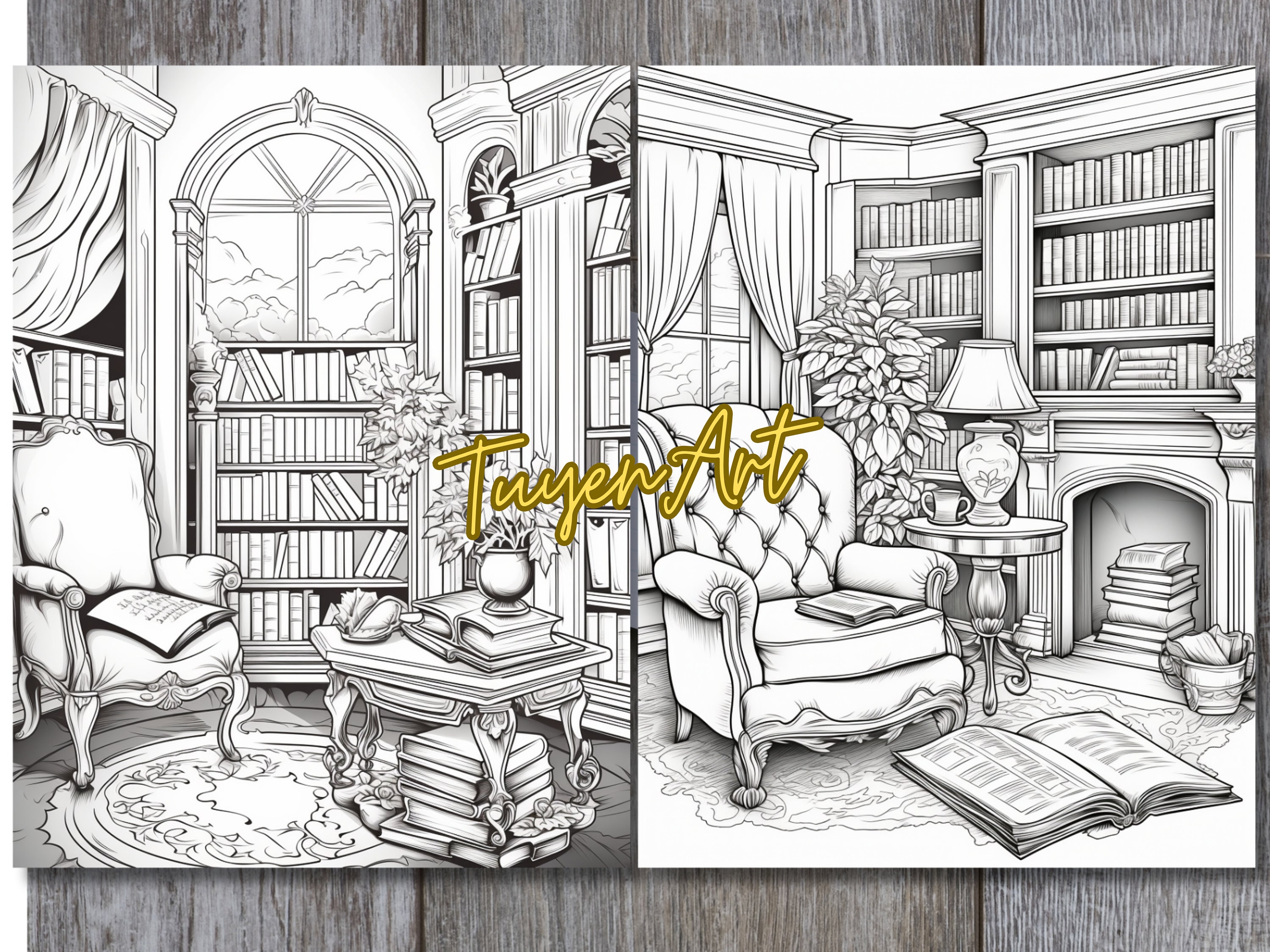 Cozy Library Coloring Pages Library Coloring Book, Interior Room ...