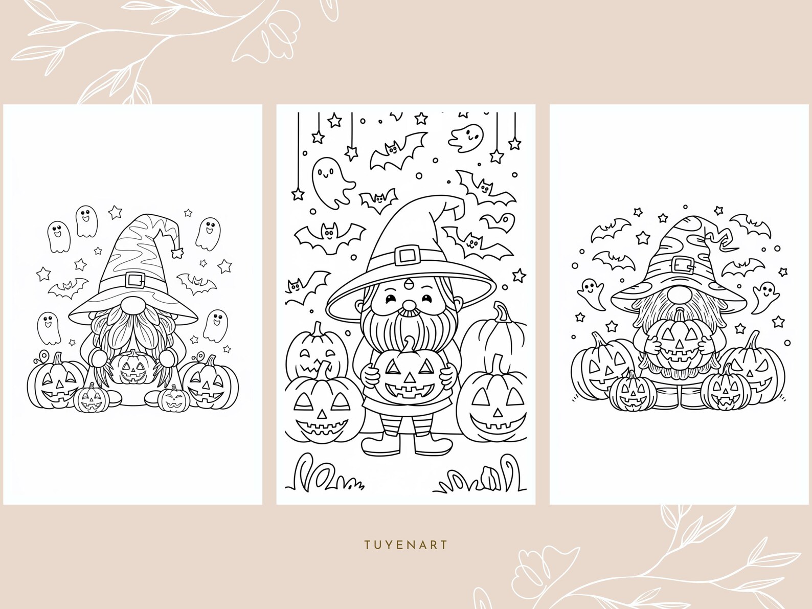 Halloween Gnomes Coloring Book, Cute Gnome Coloring Pages, Halloween ...