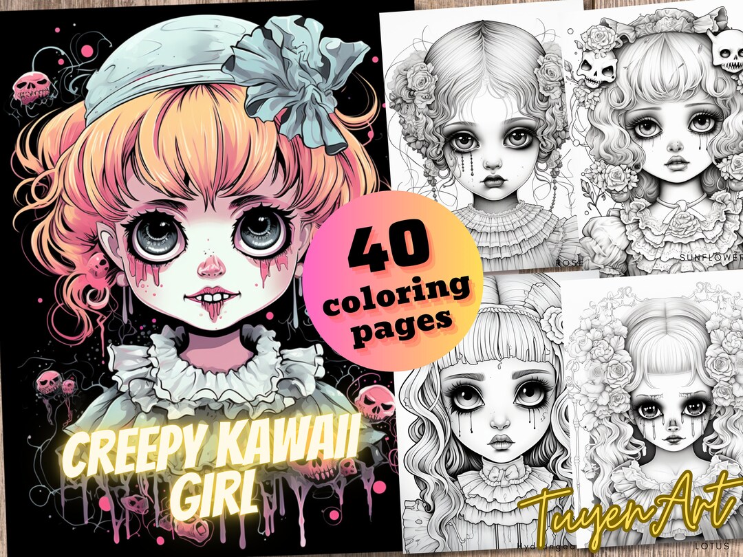 Creepy Kawaii Girls Coloring Book for Kids and Adults, Spooky Coloring ...