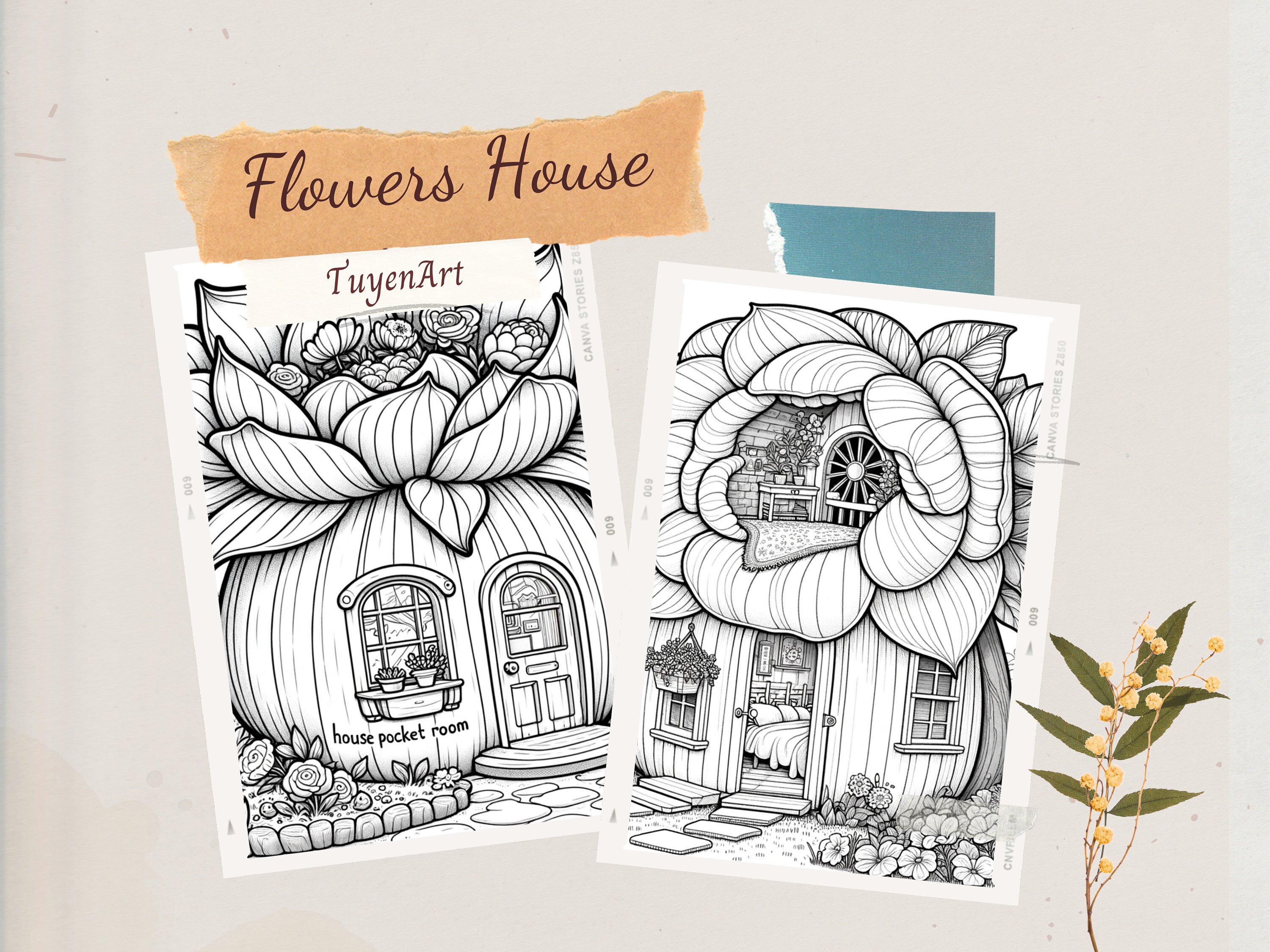 Flowers House Pocket Room Coloring Book, Boho Cozy Interior Design ...