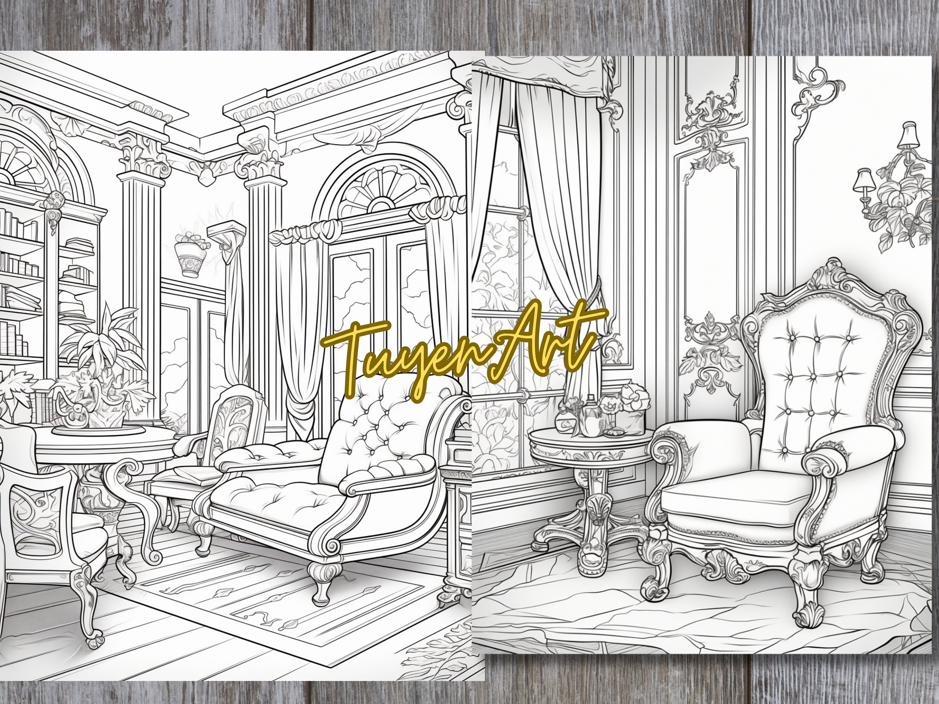 Classic Interior Coloring Book, Architecture Theme, Coloring Pages for ...