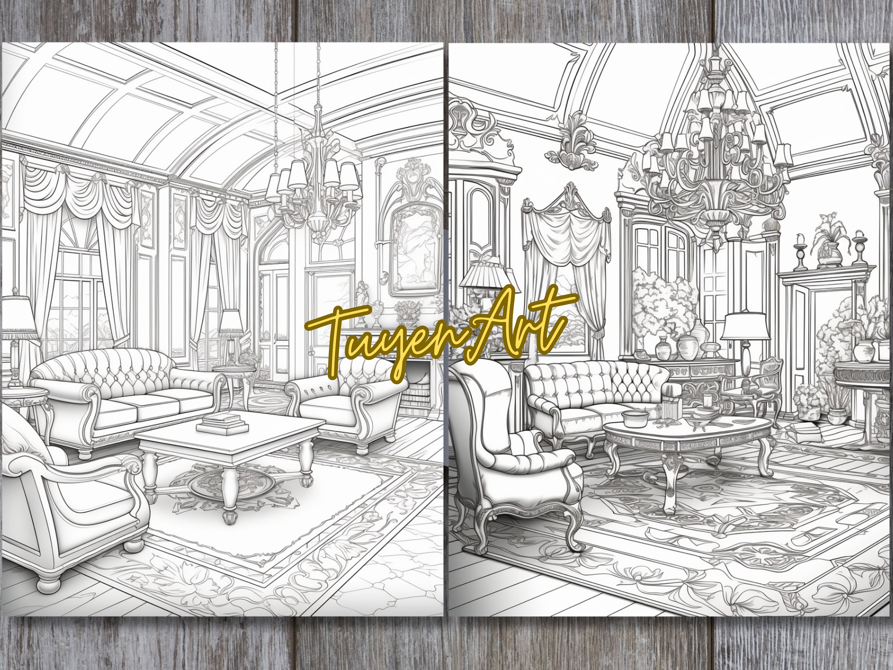 Classic Interior Coloring Book, Architecture Theme, Coloring Pages for ...