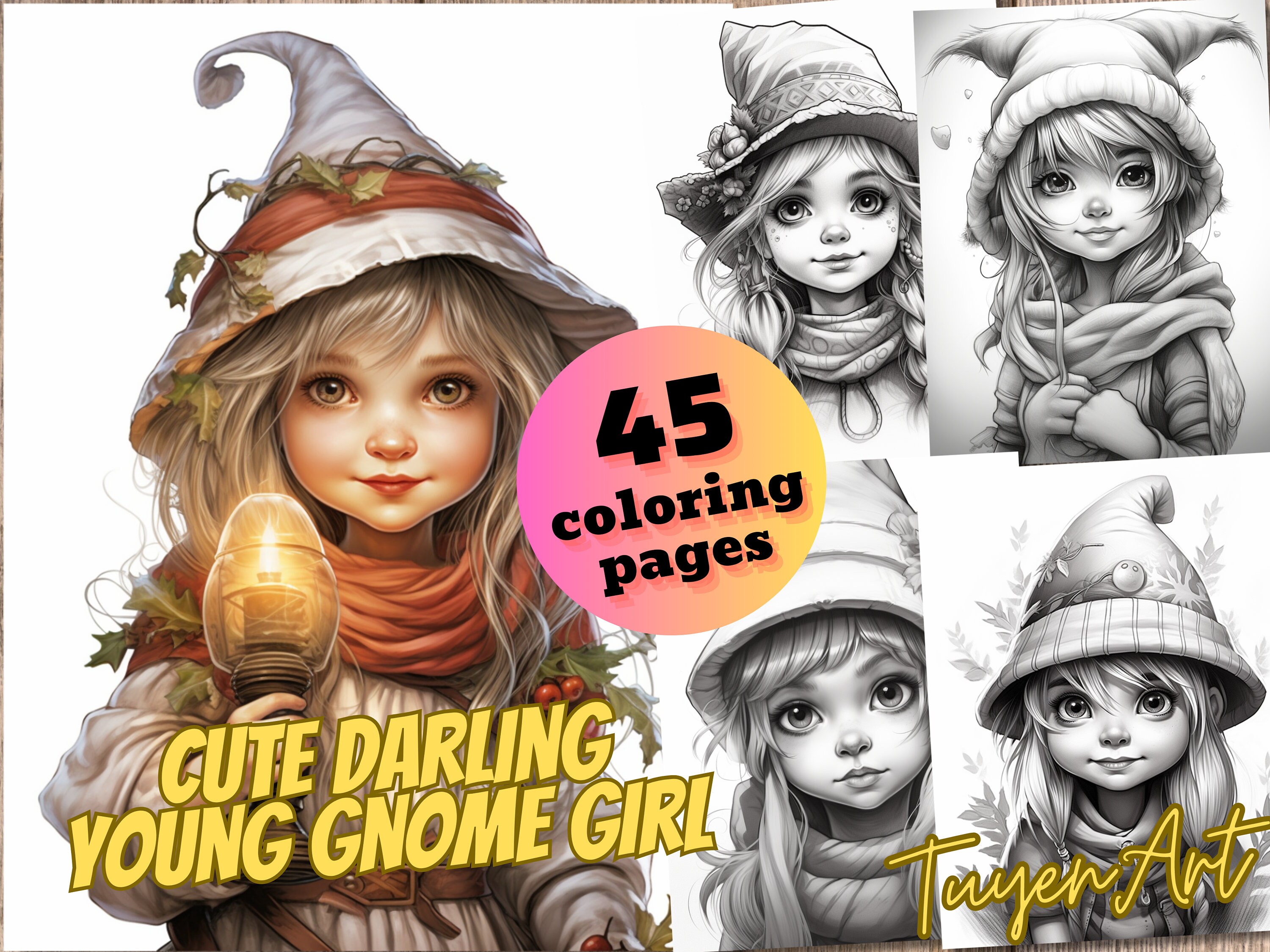 Cute Darling Young Gnome Girl, Coloring Pages for Adults and Kids, PDF ...