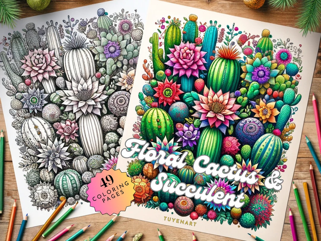 Floral Cactus & Succulent Coloring Book, Fantasy Grayscale, Blooming ...