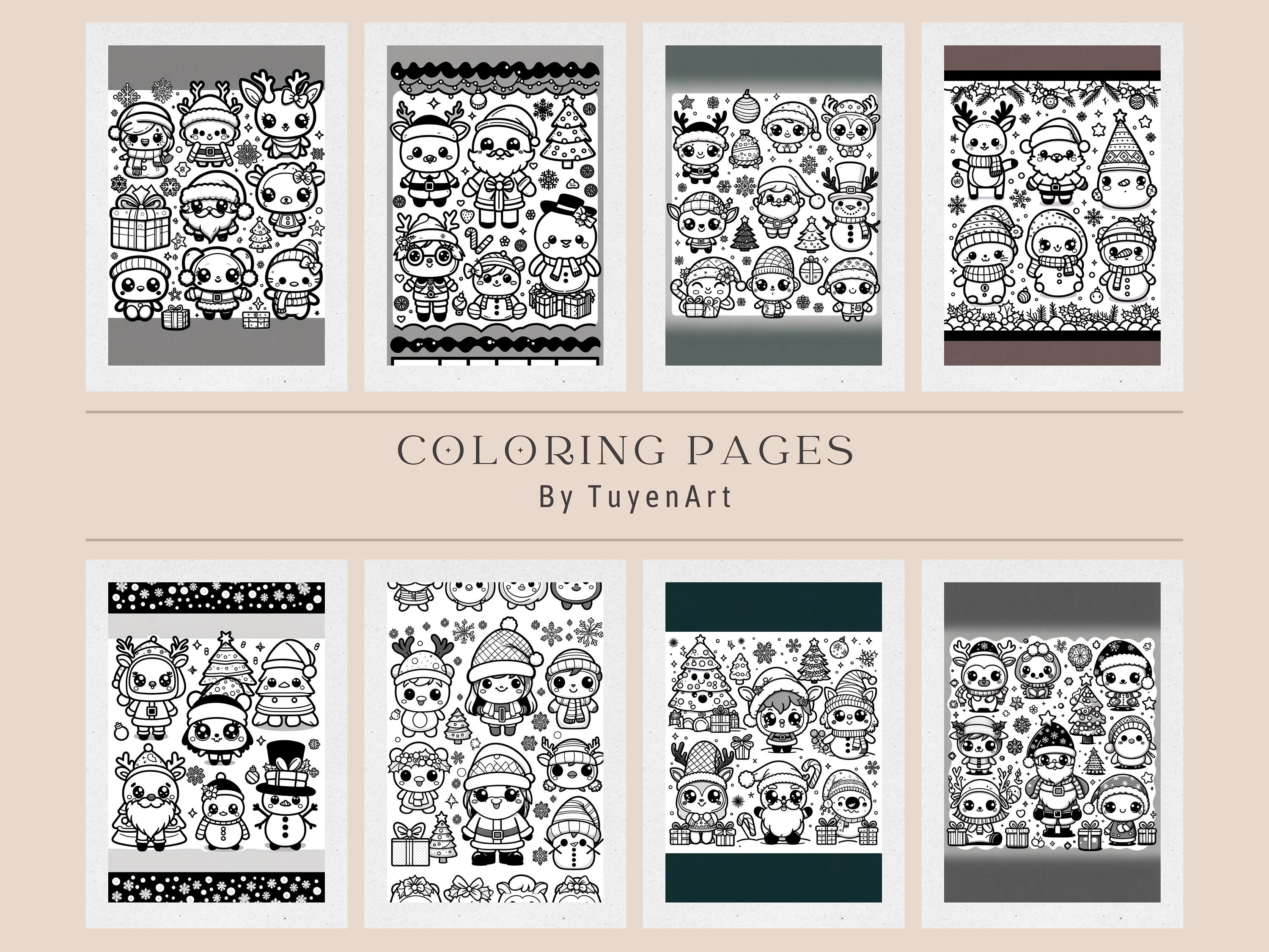 Christmas Kawaii Characters Coloring Book, Xmas Santa Coloring Pages ...